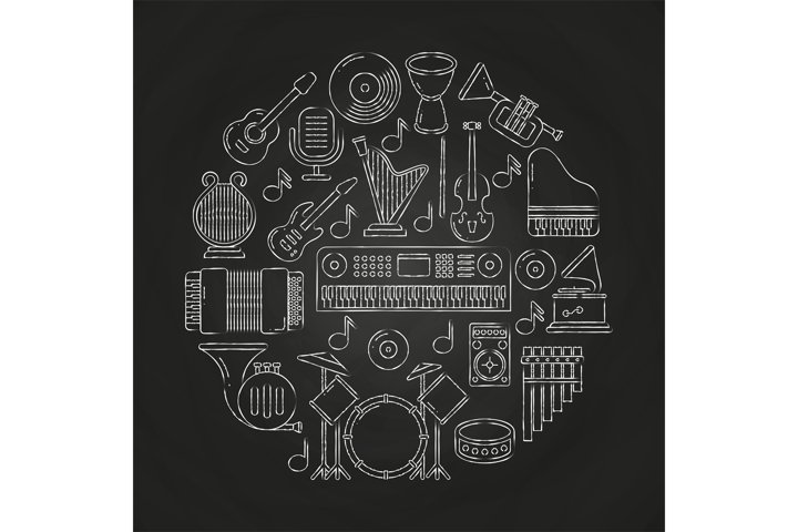 Chalk drawing vector music poster with musical instruments o (907967 ...