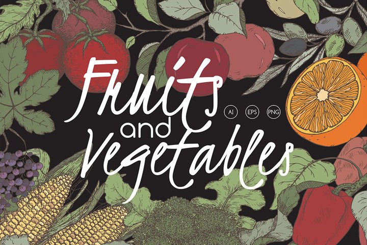 Fruits and vegetables color set (598694) | Illustrations | Design Bundles