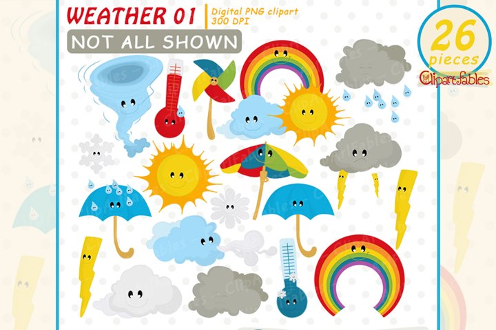 WEATHER Clipart, Cute cloud clipart, KAWAII Clip art Set (247100 ...