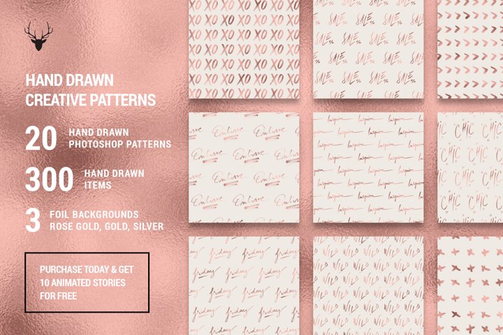 Rose Gold Hand Drawn Pattern Pack - Gold, Silver and Rose Gold ...