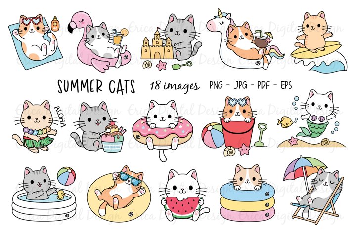 Funny Summer Cats clipart set - 18 cute Illustrations (664566 ...