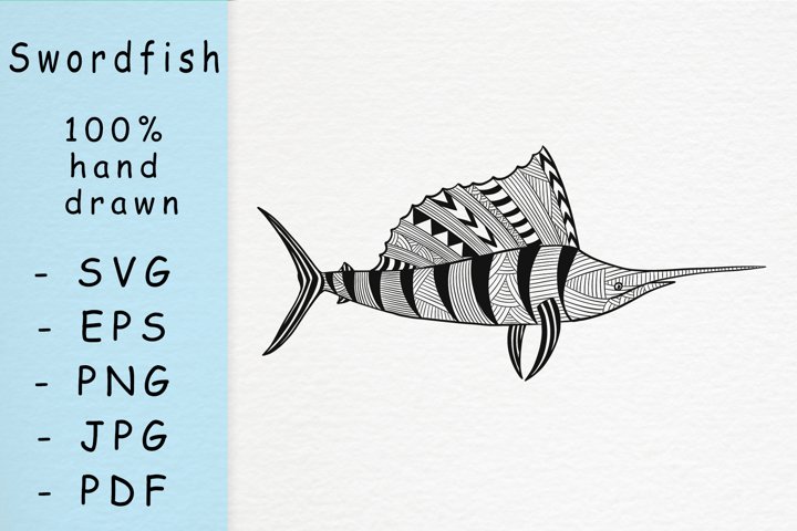 Hand drawn swordfish with patterns