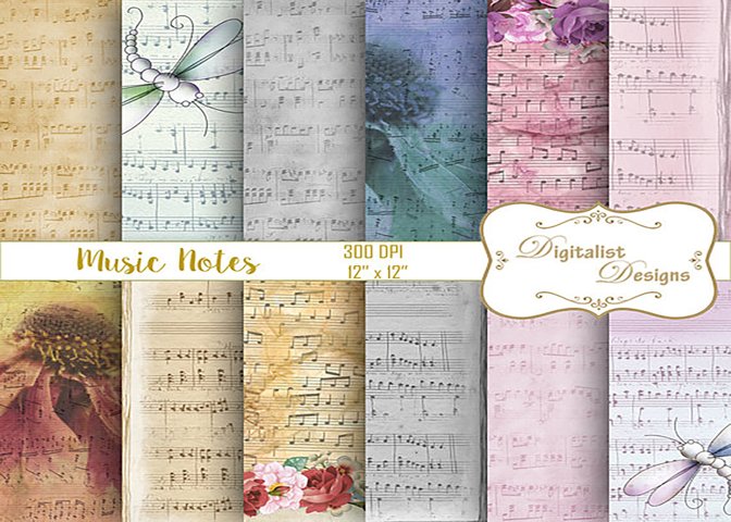 sheet music digital paper, music notes scrapbook paper, vintage digital ...