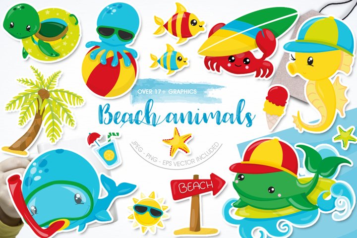 Summer beach Animals Graphics and illustrations, vecto