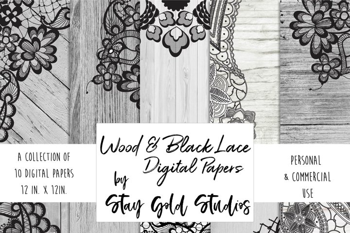 Wood & Black Lace Digital Papers (101243) | Backgrounds | Design Bundles
