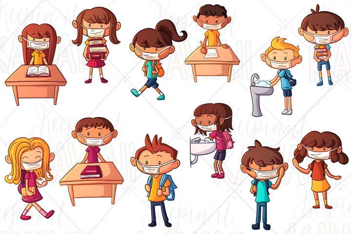Wearing Masks At School Clip Art (1158351) | Illustrations | Design Bundles