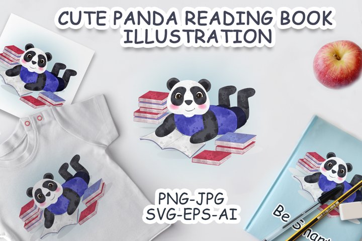 cute panda reading book watercolor illustration