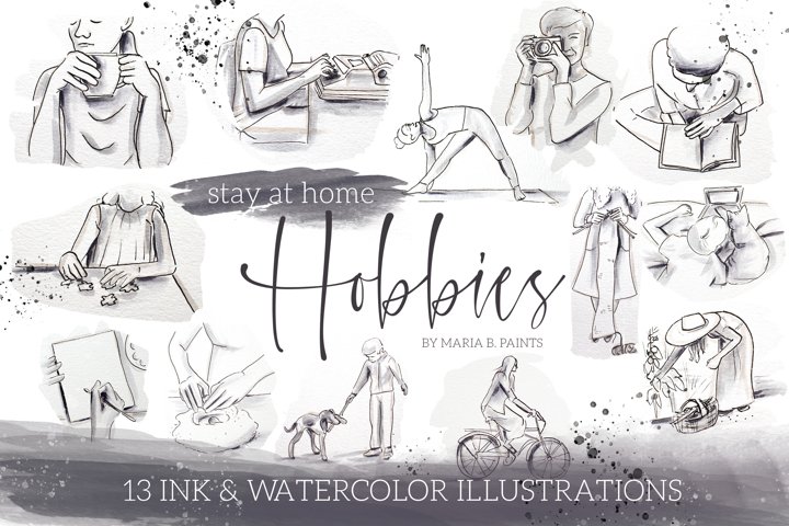 Stay at Home Hobbies black and white ink and watercolor art (554678 ...