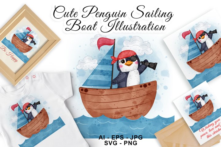 Cute Penguin Sailing On The Boat Watercolor Illustration