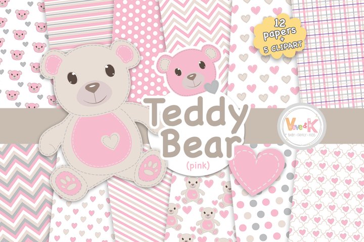Pink Teddy Bear Digital Papers, Stitched Bear Clipart, Baby Pink Paper ...