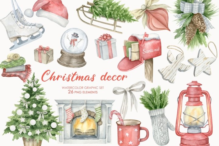 Watercolor Christmas Decor Clipart Set PNG (963160) | Illustrations ...