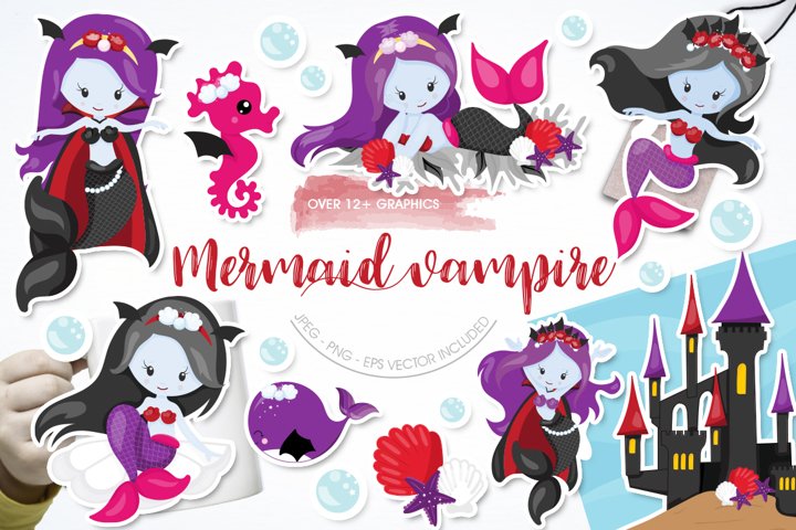 Halloween Mermaid Vampires Graphics and illustrations, vecto