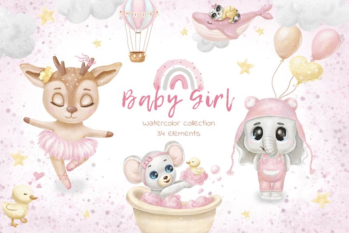 Baby girl clipart -baby pink graphics -watercolor animals (644204 ...