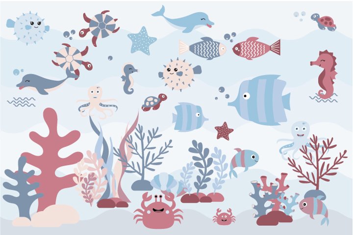 Ocean life and creatures clipart set, under the sea clipart (269265 ...