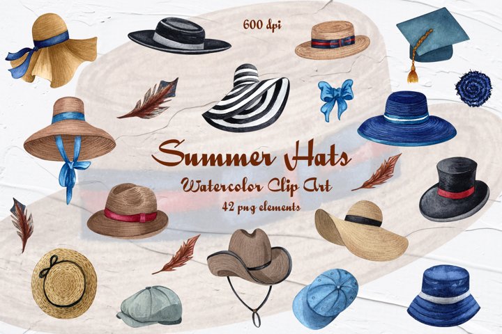 Summer Hats Watercolor Clip Art (694537) | Illustrations | Design Bundles