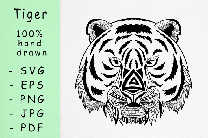 Hand drawn tiger head with patterns