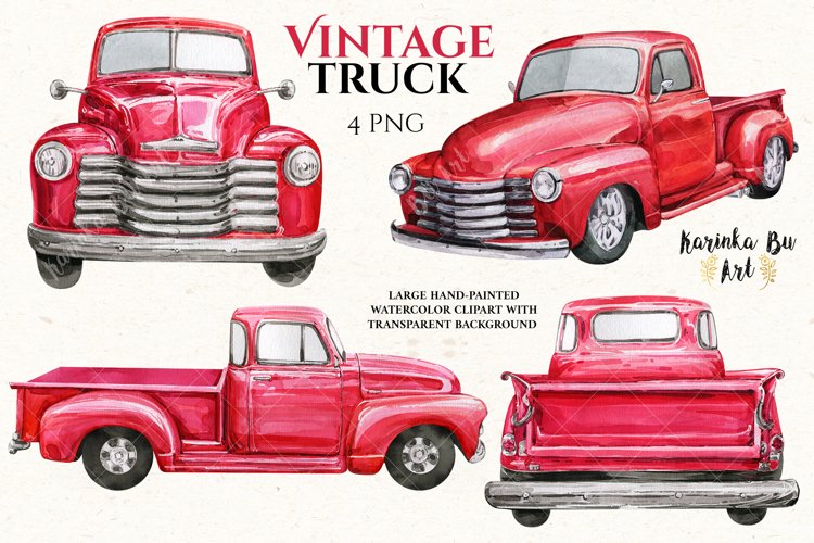 4 Watercolor Vintage red Truck Clipart, Vintage Pick Up