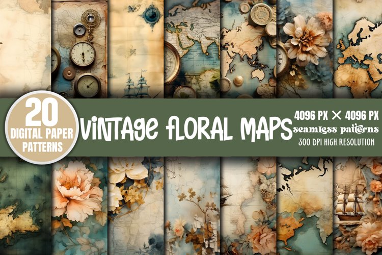 Vintage Floral Maps Seamless Patterns Backgrounds,