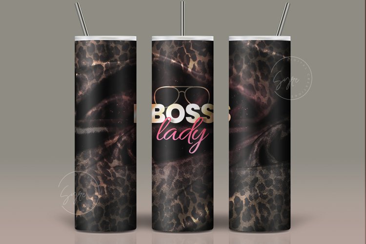 Boss Lady Tumbler, Leopard Print, Black Satin Fabric Design