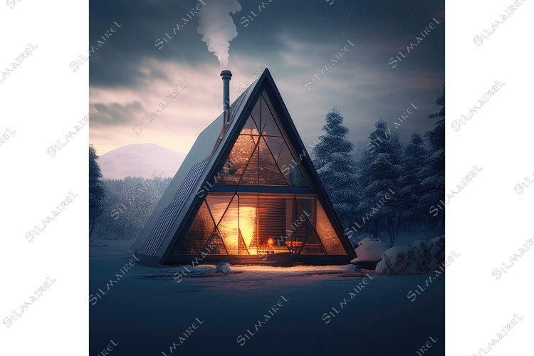 Photo of triangular house glamping resort in winter forest