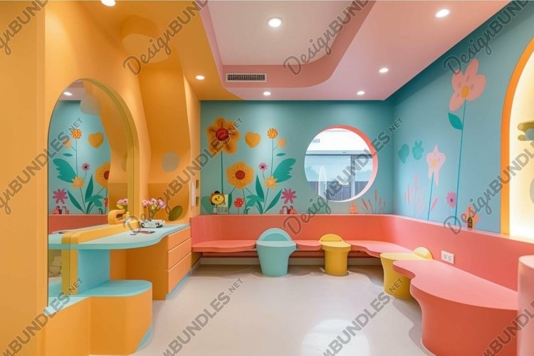 Bright and inviting playroom with playful decorations and fu