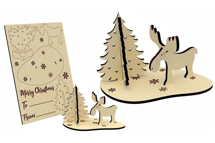 Christmas Card - laser cut file, Reindeer and Christmas tree