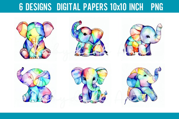 Watercolor Rainbow Elephant Backgrounds | Digital Papers PNG