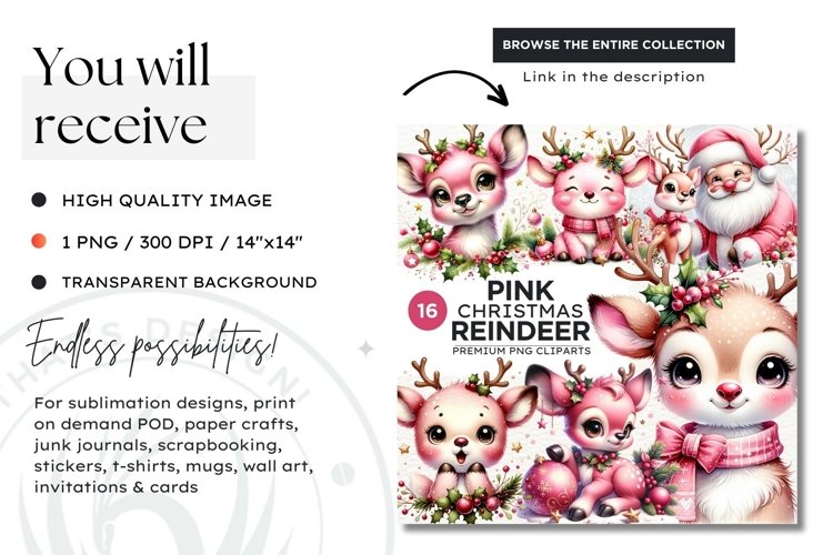 Christmas Cute Pink Reindeer PNG Clipart Bundle