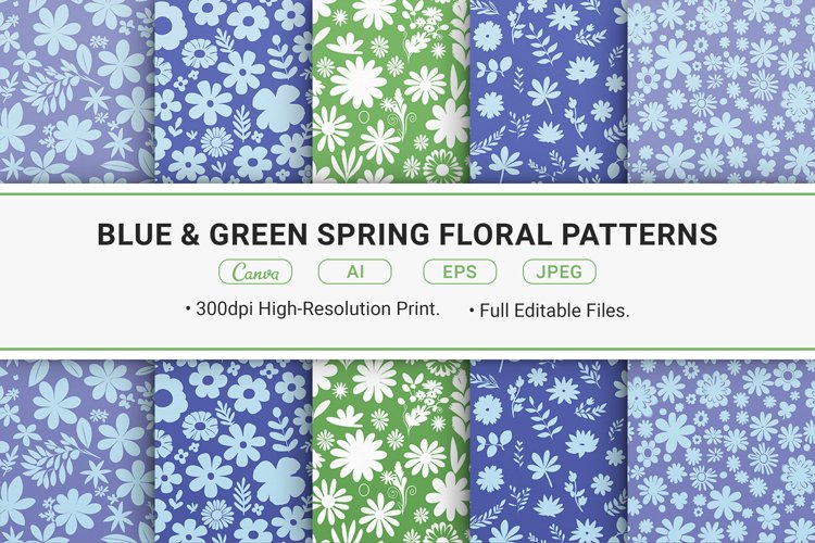 Blue & Green Spring Floral Seamless Patterns