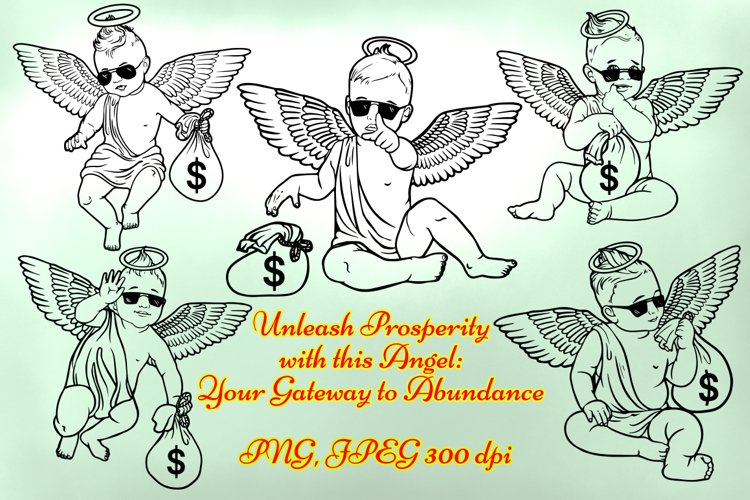 Sweet Little Angel with a Money Bag PNG black and white