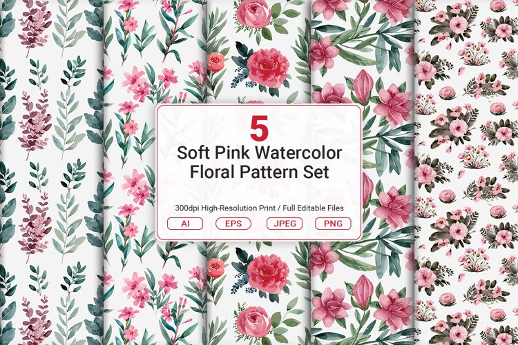 Soft Pink Watercolor Floral Pattern Set
