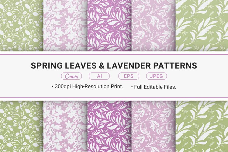 Spring Leaves and Lavender Seamless Patterns