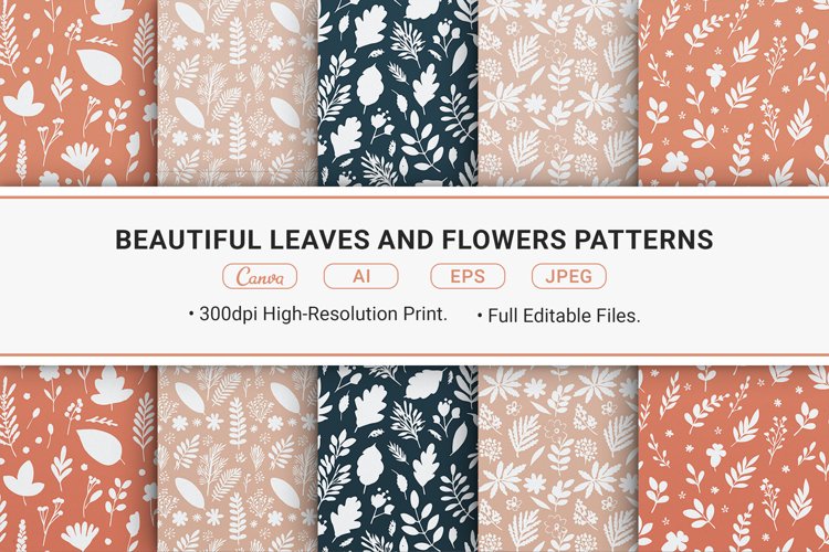 Beautiful Leaves and Flowers Seamless Patterns