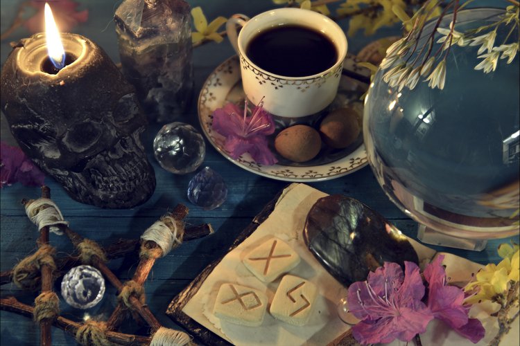 Vintage mystic still life with crystal ball
