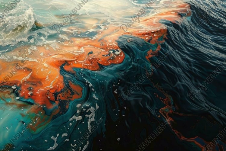 Orange and blue acrylic paint mixing together creating abstr