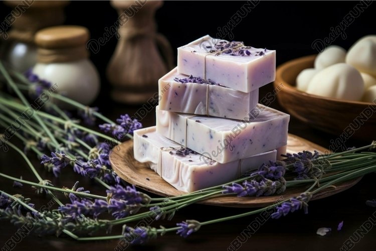 Handmade lavender soap bars on wooden table