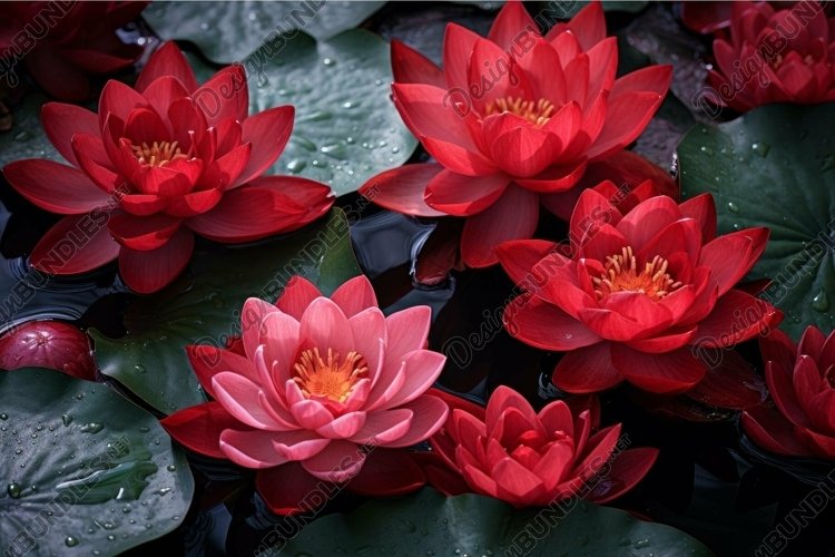 Vibrant red water lilies in full bloom
