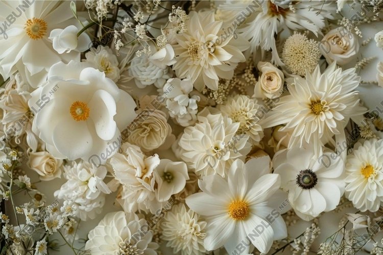 Delicate arrangement of various white blooms and soft foliag