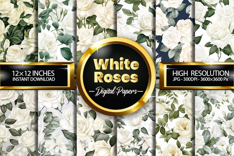 White Roses Seamless Digital Papers, Flowers Pattern
