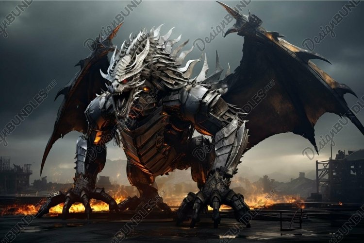 Armored dragon rampage in dystopian cityscape