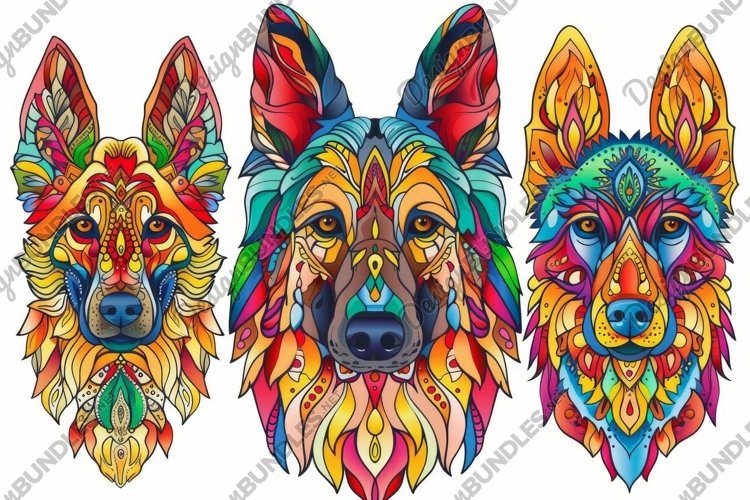 Vibrant trio of tribalinspired, artistic wolf faces