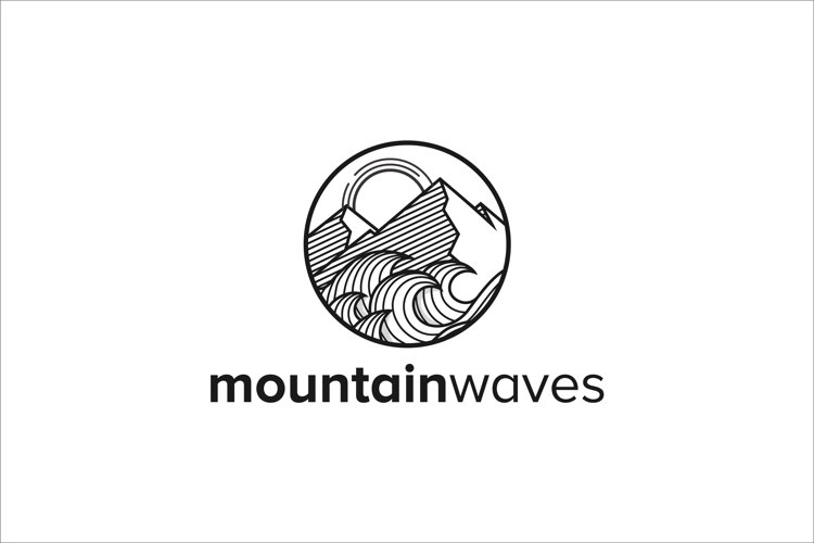 Mountain, Wave and Sun Line Art for Vintage Adventure