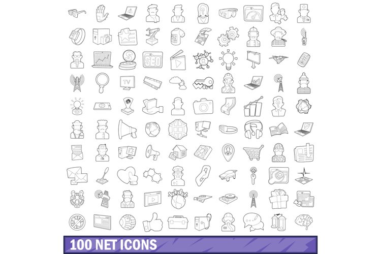 100 net icons set, outline style