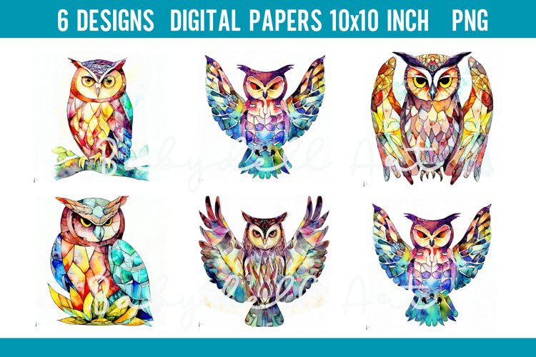 Watercolor Rainbows Owl Backgrounds | Digital (2576674)