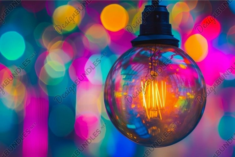 Vibrant bokeh lights with glowing edison bulb