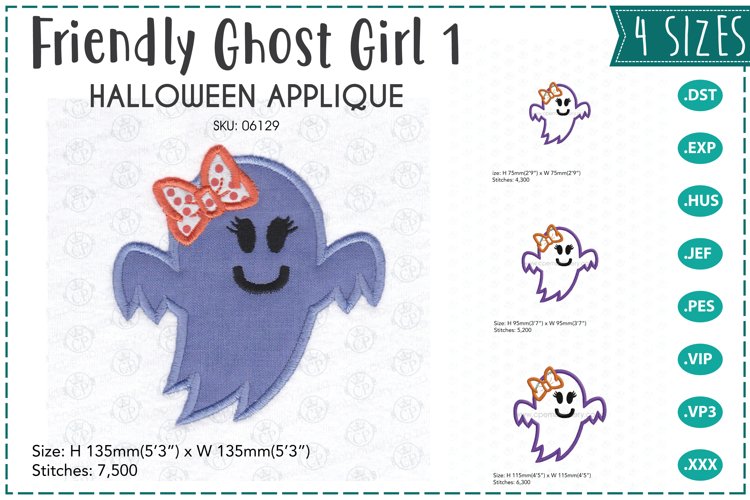 Friendly Ghost Girl 1 Halloween Appliqué Embroidery Design