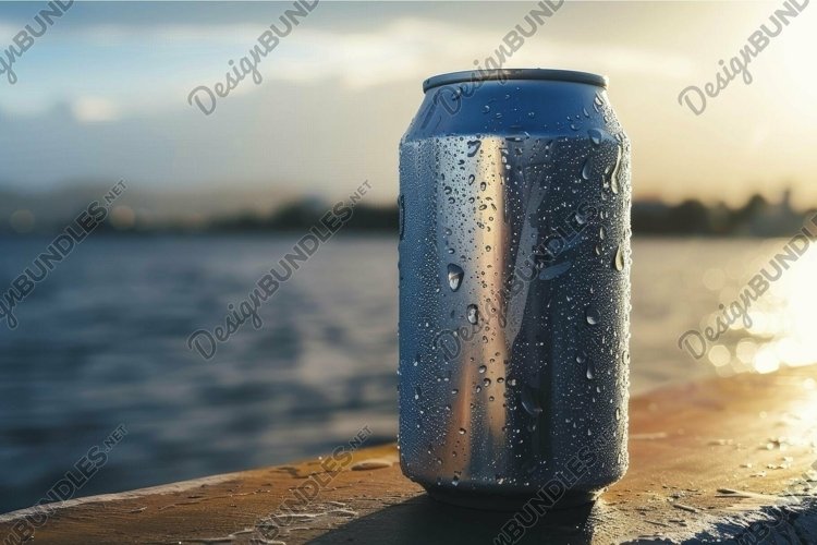 Refreshing cold soda can standing on a surface with ocean vi