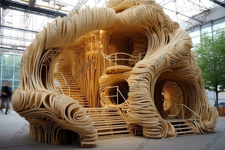 Intricate wooden pavilion structure at modern art exhibition