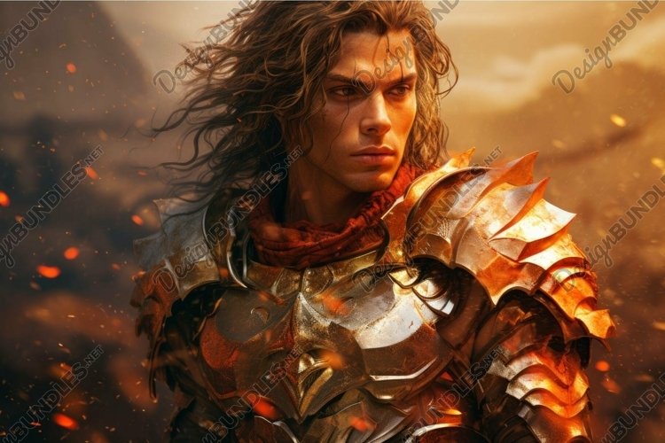 Medieval warrior portrait in fiery battlefield