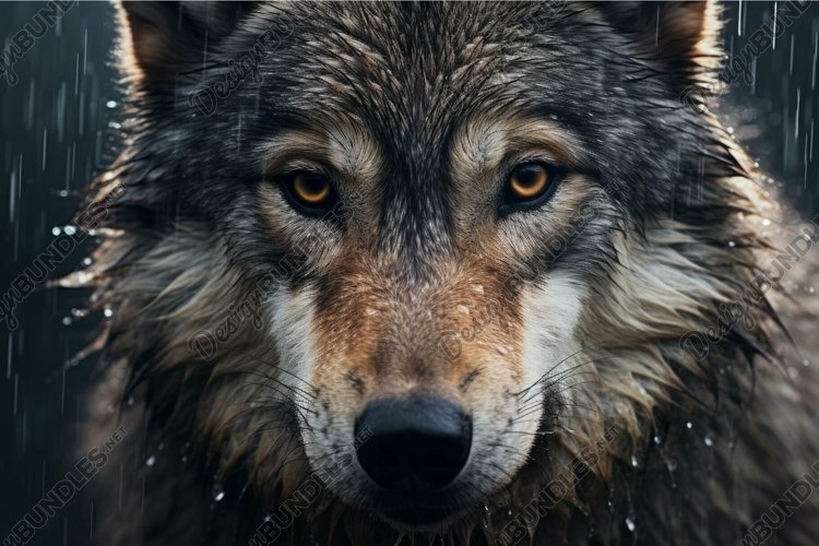 Intense wolf gaze in the falling rain